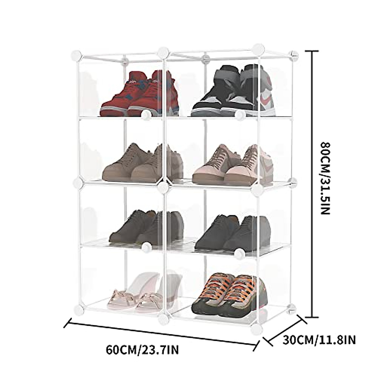 Clear Closet Organizer, 8-Cube Plastic Storage Shelves Cabinet with Handle/Square Metal Grid Shelving/Hammer,Multi-functional Storage Bins for Home, Closet, Bedroom, Office (11.8x23.7x31.5 inch)