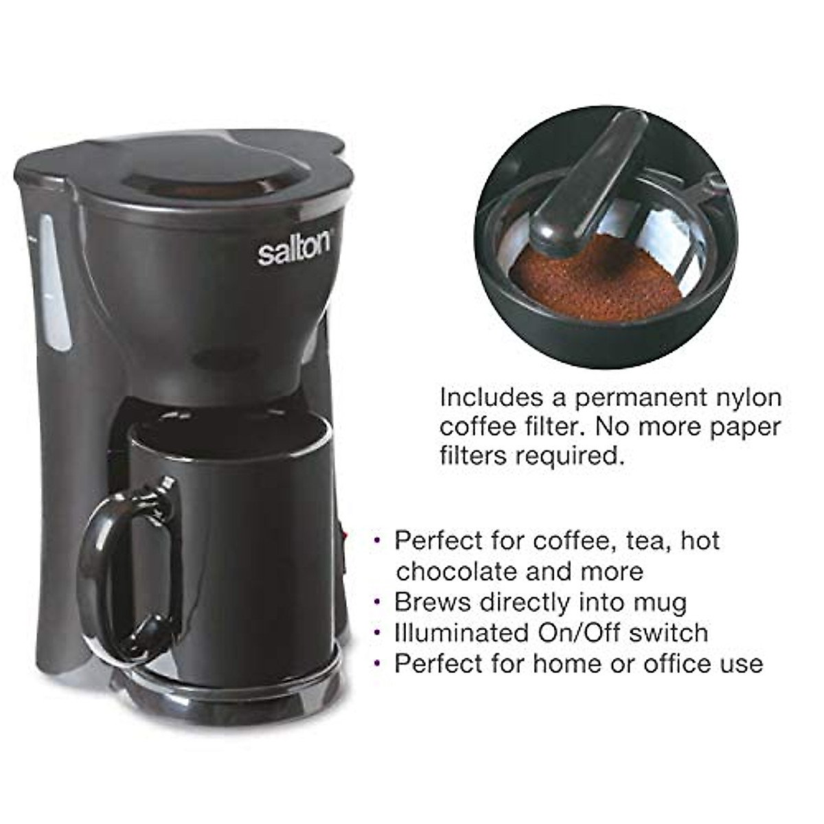 Salton 1 Cup Mini Compact Drip Maker with Reusable Mesh Filter for Coffee Grounds, 10 Oz, Black