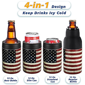 Stepstall Can Cooler Beer Bottle Holder with Beer Opener, 4-in-1 Design Slim Can Beer Bottle Insulators, Double Walled Stainless Steel Insulated, 12 OZ Beer Gifts for Men Boys Father(American Flag)