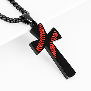 HZMAN Baseball Cross Pendant, I CAN DO ALL THINGS STRENGTH Bible Verse Stainless Steel Necklace (Black)