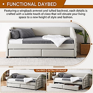 Twin Daybed with Storage Drawers, Upholstered Twin Size Daybed Frame, Modern Sofa Day Bed Frame with Curved Armrests, Linen Fabric Bedroom Furniture Bedframe, No Box Spring Needed (Twin, Beige)