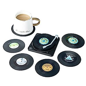 XingZhuo Retro Vinyl Record Coasters Set of 6 Piece with 1 Piece Vinyl Record Player Holder Coasters for Coffee Table, Vinyl Record Decor, Drink Coasters, Funny Coasters, Music Coasters