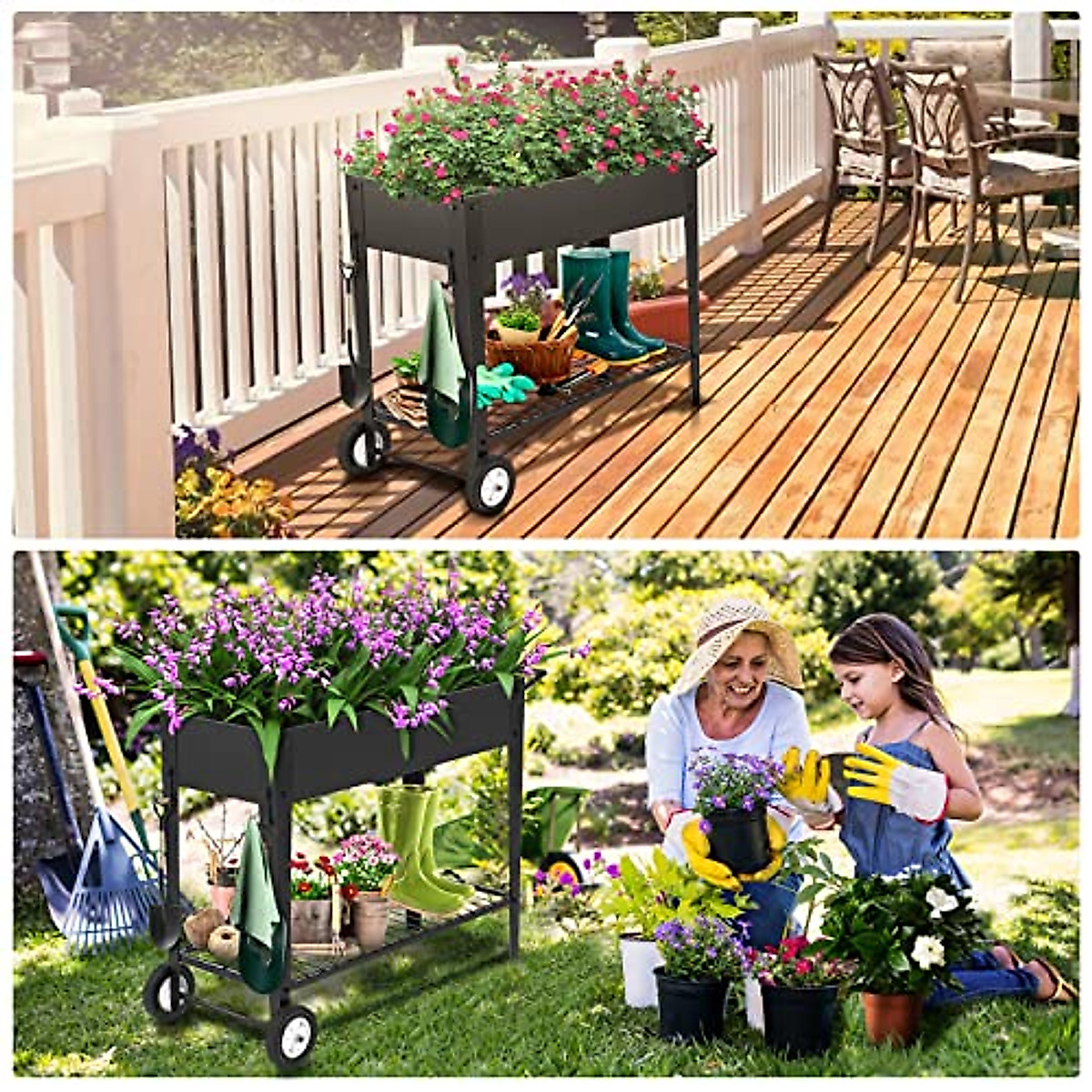 GARFANS Raised Garden Bed, Metal Raised Planter Box Outdoor with Legs, 2 Wheels and Shelf, Elevated Garden Bed Box for Vegetable Indoor Herb Flower Backyard Patio, 40" L x 16" W x 31.5" H