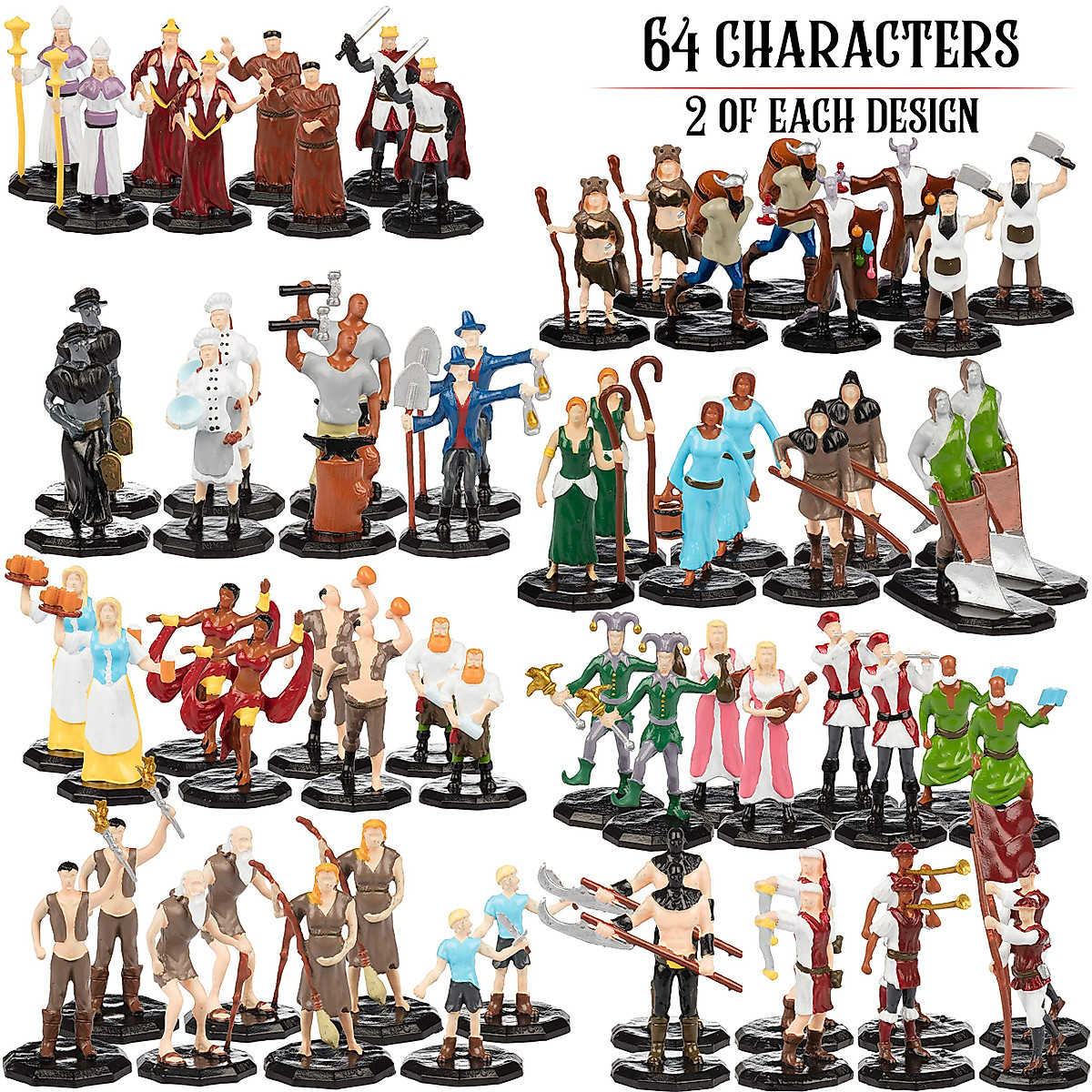 Townsfolk Mini Fantasy Bulk Figures Set- 64 Hand-Painted Miniatures (2x of 32 Unique Sculpts)- 1" Hex Nobility, Merchants, and more- Compatible w DND Dungeons Dragons, Pathfinder, RPG Tabletop Games