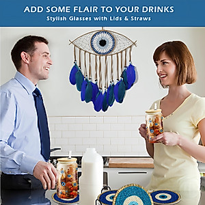 vradcorel Evil Eye Glass Cups With Bamboo Lids And Straws - Iced Coffee Cup Home Decor -Ojo Turco Drinking Glasses for Beer -Cute Can Shaped for Latte,Soda,Smoothie Whiskey -Gift for Women