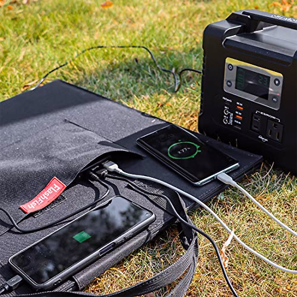 50W 18V Portable Solar Panel, FF FLASHFISH Foldable Solar Charger with 5V USB 18V DC Output Compatible with Portable Generator, Smartphones, Tablets and More