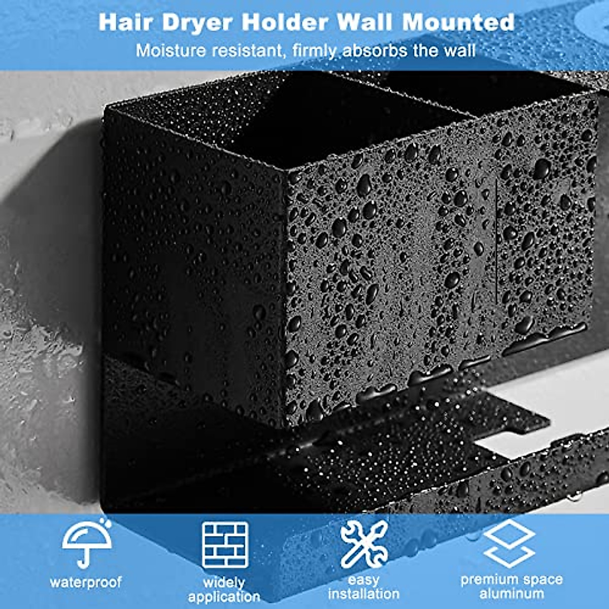 Blow Dryer Holder, SHAIDOJIO Hair Tool Organizer Wall Mounted, Aluminum Alloy Hair Dryer Holder, Muti-Function Hair Dryer Stand with Plug Hook (Black)