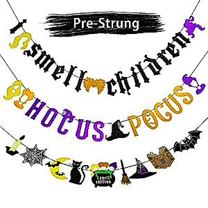 Pre-strung Hocus Pocus I Smell Children Halloween Banner, 3 Packs Glitter Halloween Decorations, 3D Witch Bats Home Decor, Halloween Wall Hanging Décor, Party Decoration Supplies Kit