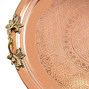 Traditional Design Handmade Hammered Copper Serving Tray with Brass Handle Large Platters- Decorative Centerpiece Kitchen Multi-Purpose Coffee Table Dinner Breakfast Food Farmhouse- 35.5cm 13.9"