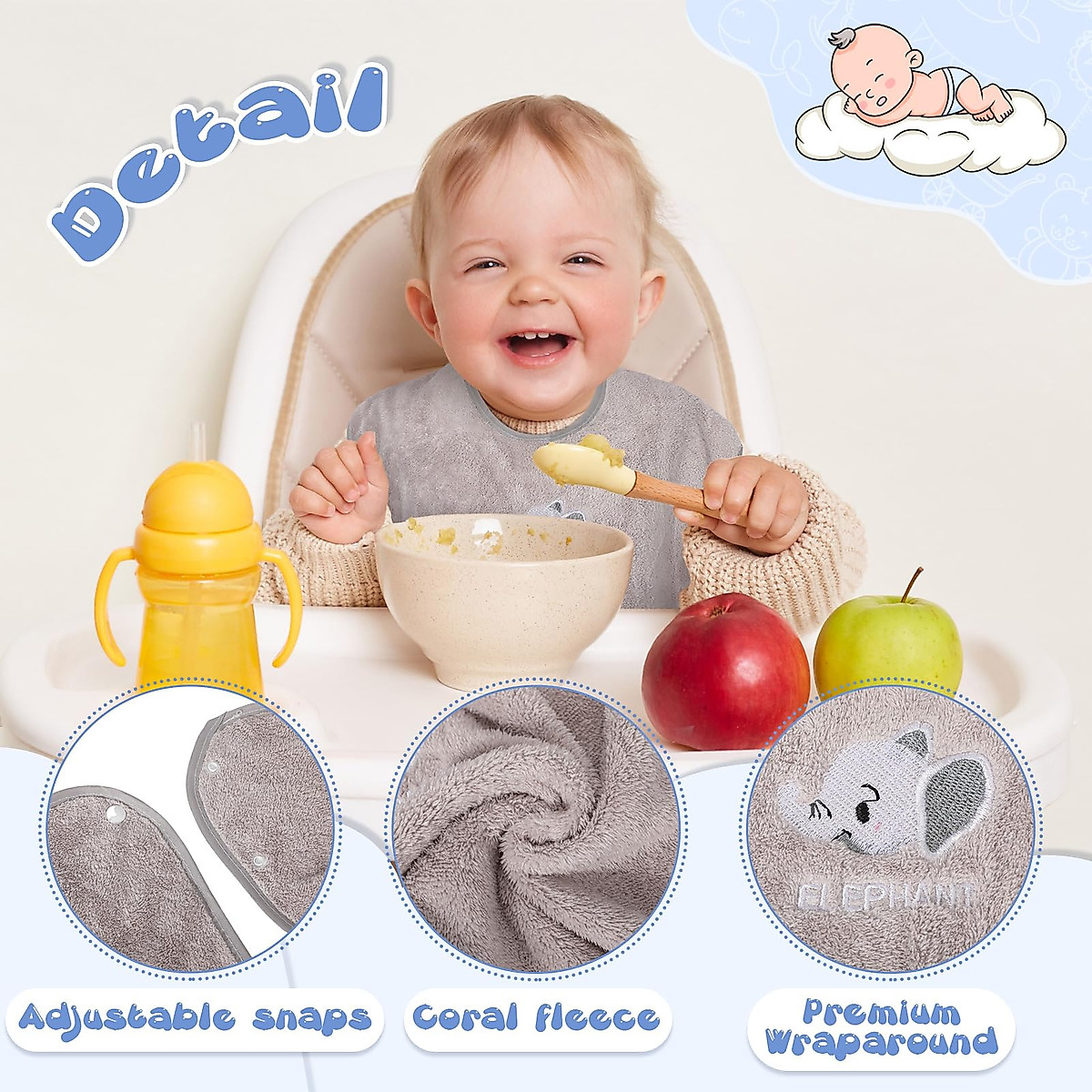 Newwiee 9 Pieces Baby Food Bibs Unisex Toddler Bibs for Feeding Soft Adjustable Large Towel Bibs Water Absorbent Oral Fleece Drooling Bibs with Snaps for Girls Boys Eating Teething, 9 Styles