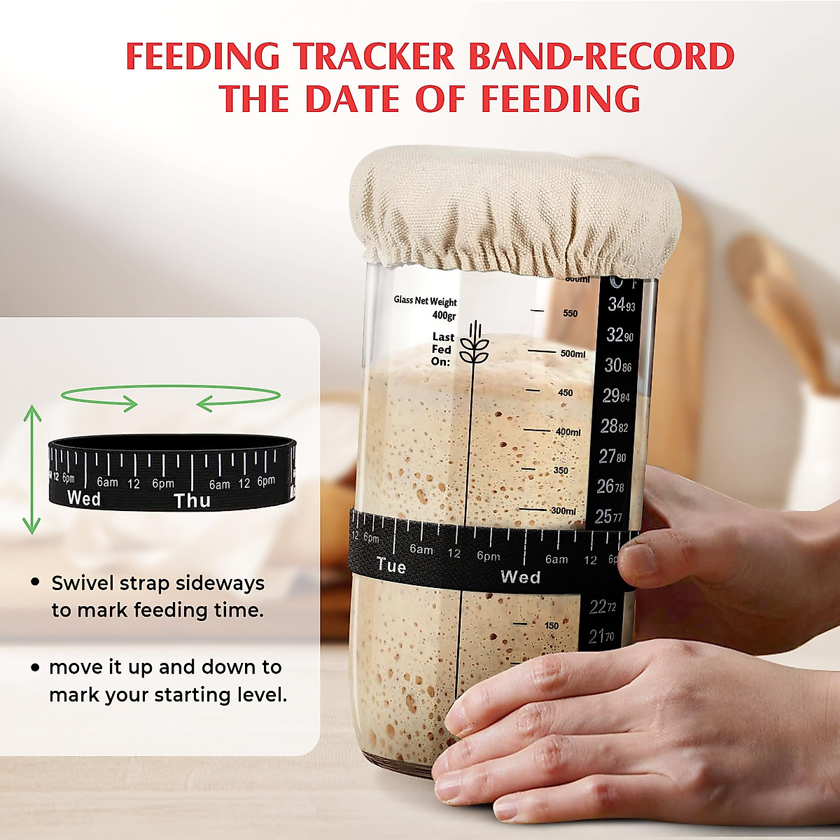 EIDDIZZ Sourdough Starter Jar Kits, Sourdough Starter Jar Glass with Date Marked Feeding Band, Thermometer, Cloth Cover & Metal Lid, Sourdough Jar Scraper, Home Bread Baking Supplies (1 PCS)