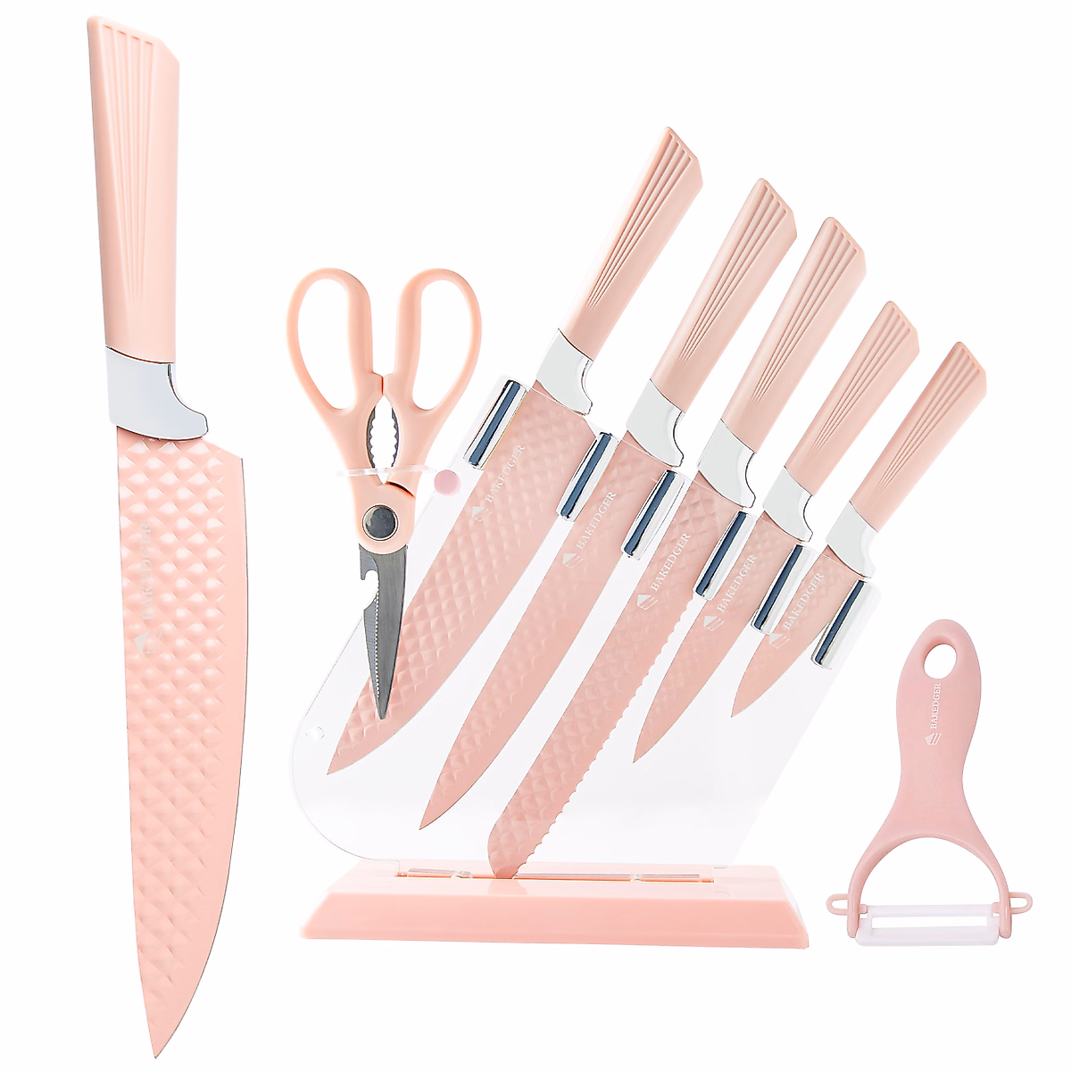 Bakedger 7 pieces knives set, ultra sharp, attractive design, chef knife, slicing knife, bread knife,utility knife paring and shears, scissors, peeler, stylish design, Pink
