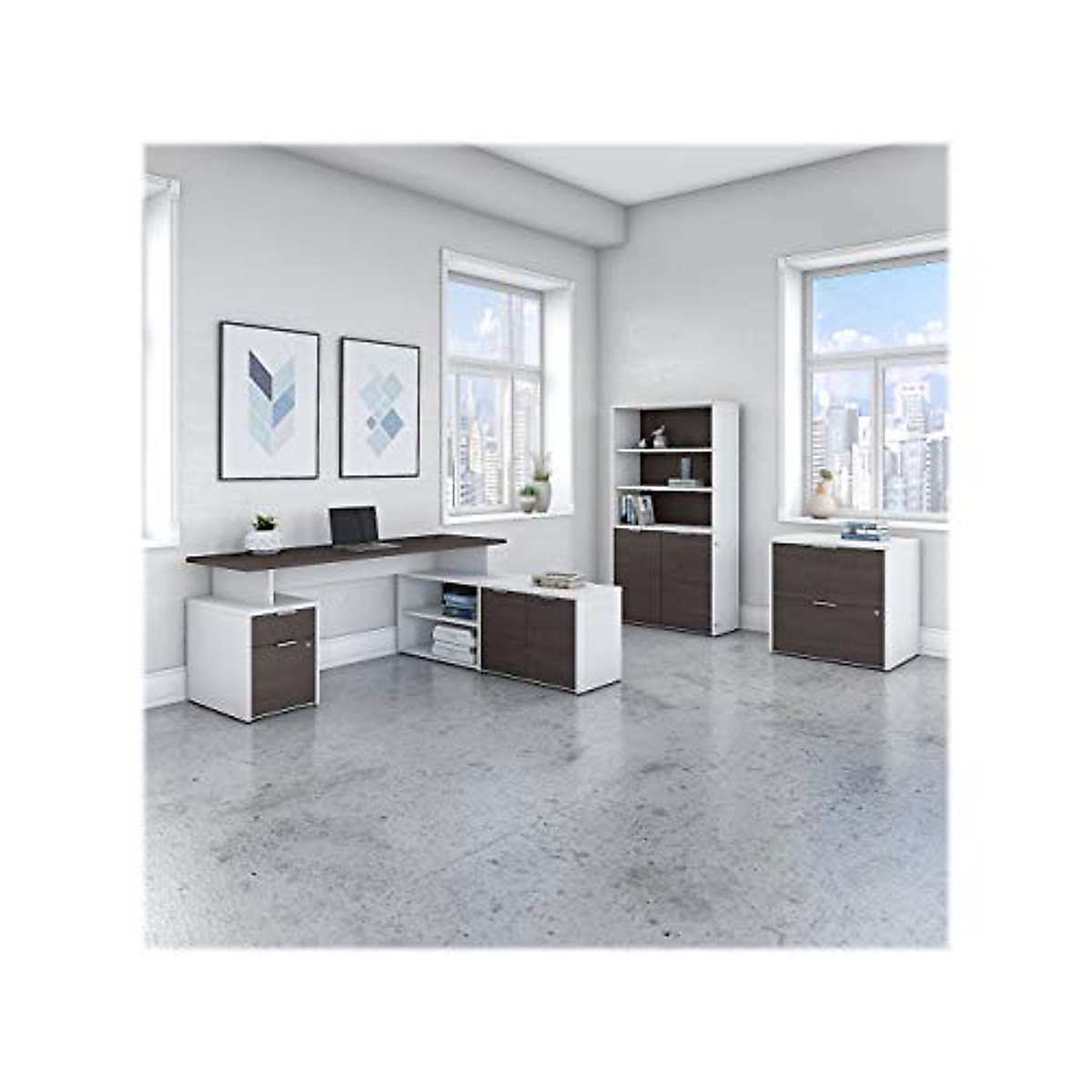 Bush Business Furniture Jamestown 72W L Shaped Desk with Lateral File Cabinet and 5 Shelf Bookcase