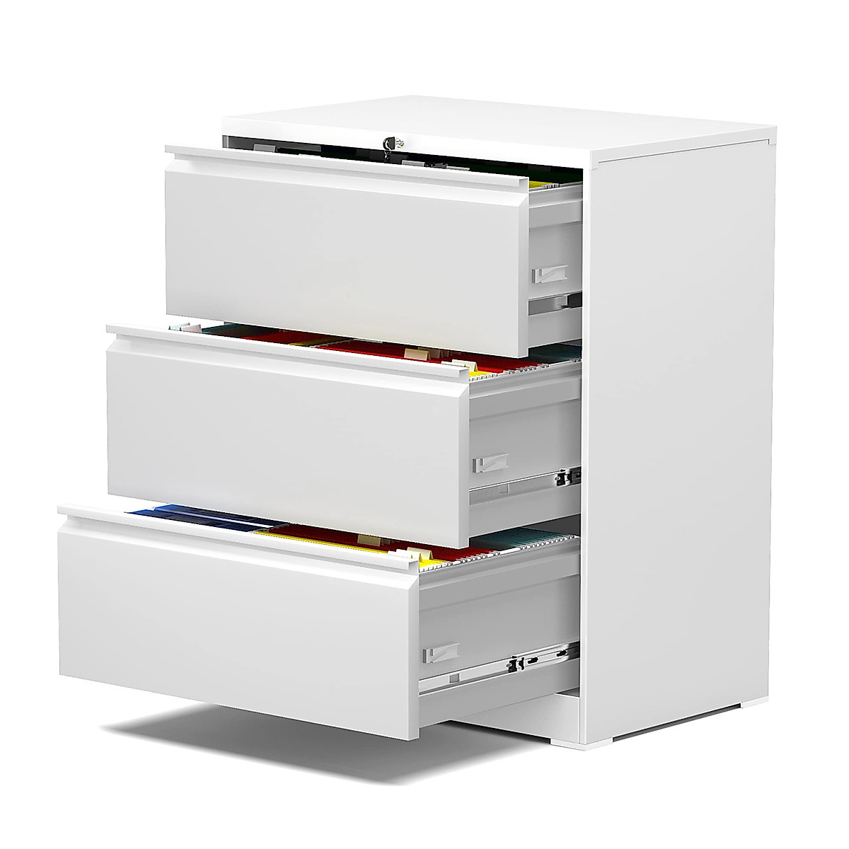 Aobabo 3 Drawer Lateral Steel File Organizing Cabinet with Locking System and Adjustable Hanging Bars for Letter/Legal Size Paper, White