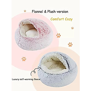 Geizire Small Dog Bed & Cat Bed, Round Donut Calming Cat Beds, Anti-Anxiety Cave Bed with Hooded Blanket for Warmth and Security - Machine Washable, Water/Dirt Resistant Base (Up 6 Pound)