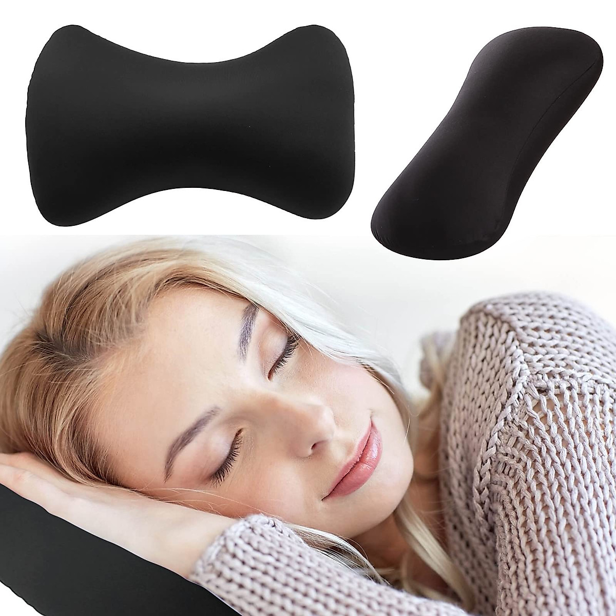 Longaoa Microbead Roll Neck Pillow Mini Microbeads Bone Type Travel Pillow Soft Mooshi Jelly C-ervical Pillow Cushion Back Head Neck Support Sleeping Throw Pillows for Home Sofa Bed (Black, 1pc)