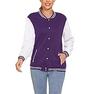 Vivimeng Womens Baseball Jacket Fleece Varsity Jacket Button Down Tops Long Sleeve Sweatshirt Party Casual Coats (Purple,L,Large)