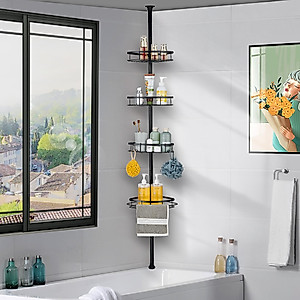 WPT Black Shower Caddy Corner Organizer for Bathroom, Stainless Steel Tension Pole Corner Shelf Shower Caddy Stand for Bathtub Shampoo Storage, 4 Tier Adjustable Shelves, 28.7 to 104.7 Inches