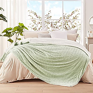 SunStyle Home Sherpa Fleece Blanket Full Sage Green Soft Cozy Plush Fluffy Flannel Thick Blanket Leaf Jacquard Luxury Winter Warm Reversible Blankets for Couch, Sofa, Bed 60X80