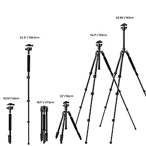 K&F Concept 64 inch/161cm Camera Tripod, Compact Aluminum Alloy Travel Tripods with 28mm Metal Ball Head 10KG/22lbs Load Capacity, Detachable Monopod, for SLR DSLR Digital Camera(B234A1+BH-28L)