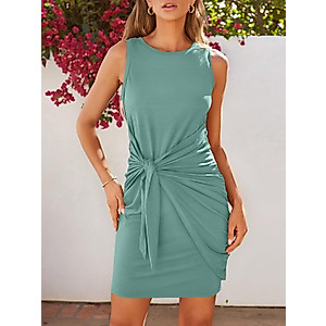 LILLUSORY Women Summer Tie Wrap Tank Short Mini Tshirt Dresses 2025 Trendy Spring Sun Vacation Outfits Casual Work Cute Bodycon Ruched Little T Shirt Sundress Clothes Light Green L