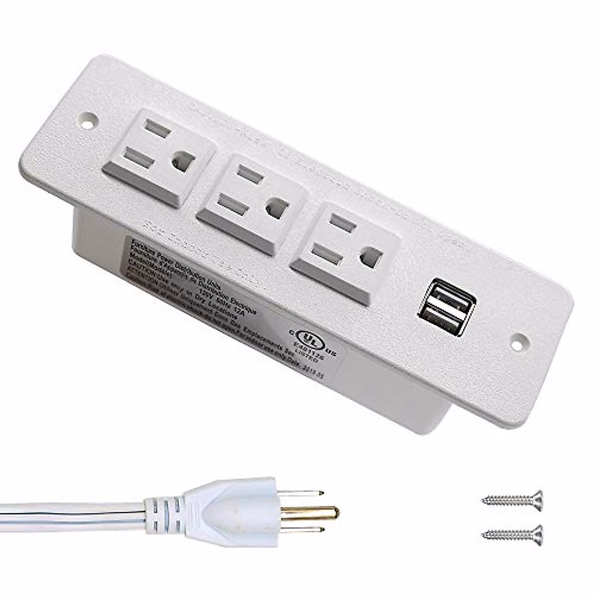Conference Recessed Power Strip with USB Mountable Power Outlet Built in Desktop Workbench Drawer Cabinet 10'ft Heavy Duty Power Cord White