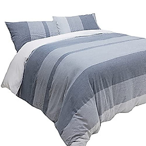 Amazon Brand – Pinzon Cotton Duvet Cover Set,100% Cotton Yarn Dyed Textured Stripe Duvet Cover Set,3 Pieces Textured Stripe Bedding Set - Grey Queen