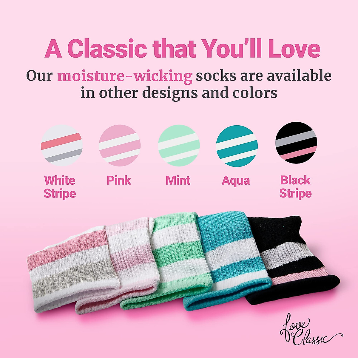 Love Classic, Pink, Medium-Large, Light Weight Compression Athletic Crew Socks for Women