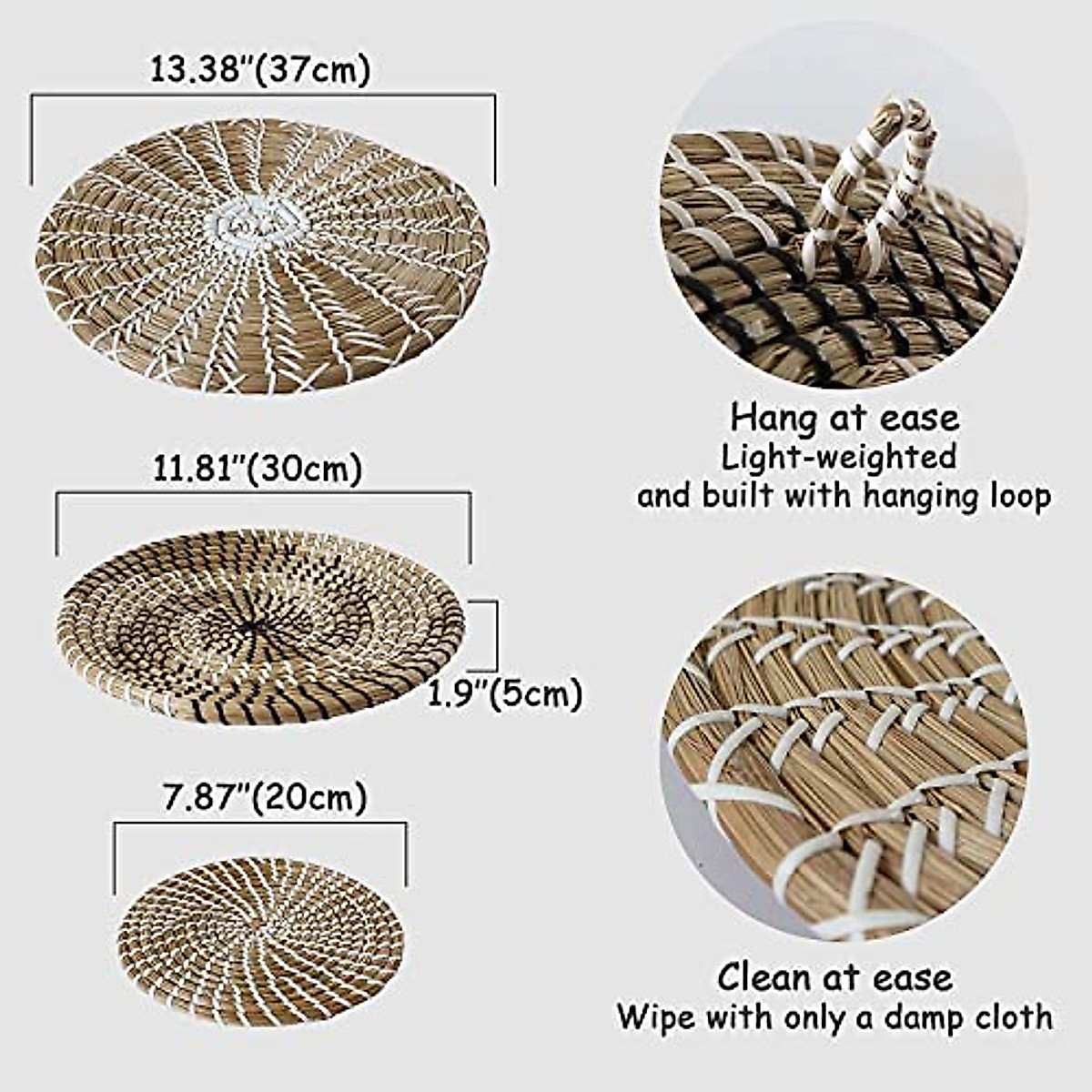 Farmhouse Room Decor Basket- Set of 3 Wall Hanging Seagrass Shallow Basket - Handwoven Southwestern Decorative Tobacco Baskets (Rustic Mix)