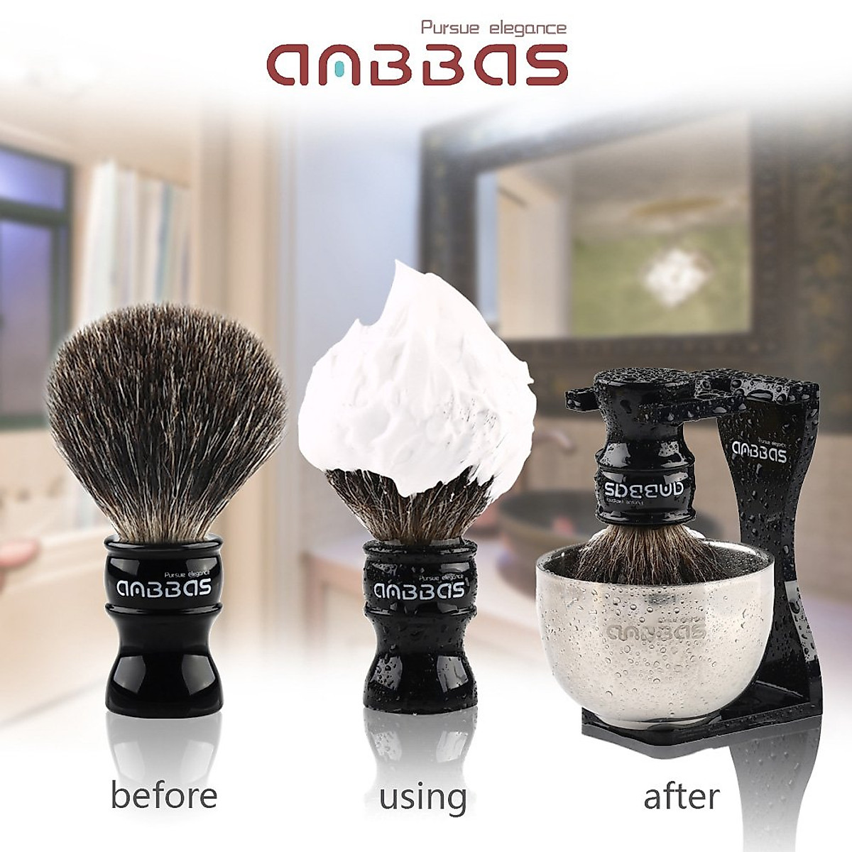 Shaving Set, 4in1 Anbbas Pure Black Badger Shaving Brush with Long Resin Handle and Acrylic Thicken Shaving Stand,Soap Bowl Stainless Steel and Goat Milk Shaving Soap 100g Men Gift Kit