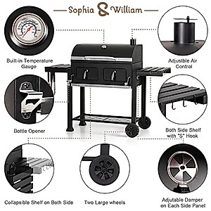 Sophia & William Heavy-duty Charcoal BBQ Grills Extra Large Outdoor Barbecue Grill with 794 SQ.IN. Cooking Area, Dual-Zone Individual & Adjustable Charcoal Tray and Foldable Side Table, Black