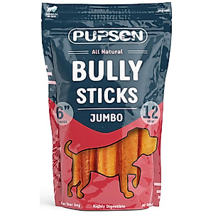 PUPSON 6" Bully Sticks for Dogs, 100% Natural Beef Pizzle Chews, Grass-Fed, Non-GMO, Grain-Free, Long-Lasting Dog Treats for Medium & Large Dogs, Jumbo, 12 Pack