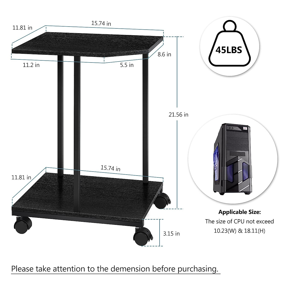 Computer Tower Stand, CPU Stand 2-Tier PC Stand Rustic Wood Desktop Printer Stand Table Top with Lockable Rolling Caster Wheels Under Desk for Office Home Fits Most PC, Black