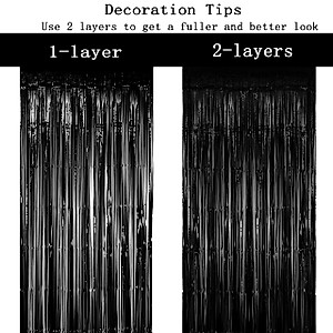 Black White Metallic Tinsel Foil Fringe Curtain - Wedding Graduation Retirement Birthday Baby Bridal Shower Engagement Anniversary Bachelorette Halloween Party Photo Booth Backdrop Decoration, 4pc
