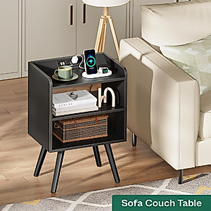 Huuger Night Stand with Charger Station, Black Nightstand, Bedside Table, 3 Tier End Table with Solid Wood Feet, Slanted Power Panel, Side Table with Storage for Bedroom