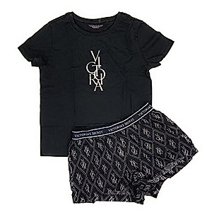 Victoria's Secret The Lounge PJ Cotton Short Tee-jama Pajama Set, Black/White Logos, Large