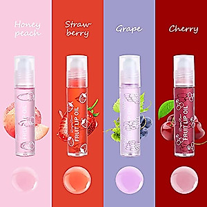 Alisesun 4 Pcs Fruit Roll-on Lip Gloss Set, Clear Lip Gloss Crystal Jelly Liquid Lipstick, Plumping Lip Oil Moisturizing Hydrating Non-Sticky, Nice Gift for Women Girl