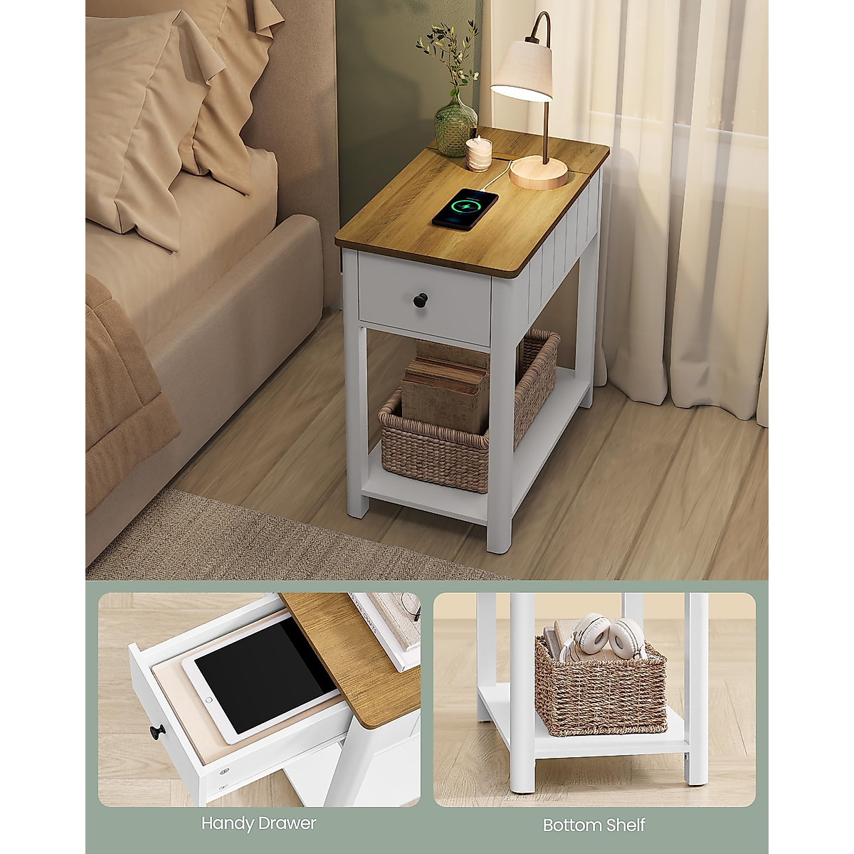 VASAGLE Side Table with Charging Station, End Table with USB Ports and Outlets, Nightstand with Storage, for Living Room, Bedroom, Modern Farmhouse Style, Rustic Walnut and White ULET318T14V1