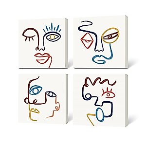 SUMGAR Abstract Face Wall Art Boho Decor Minimalist Line Drawing Artwork Mid-Century Morocco Pictures Shabby Chic Beige Framed Canvas Prints for Bathroom Bedroom Living Room - 12" x 12" 4 panel