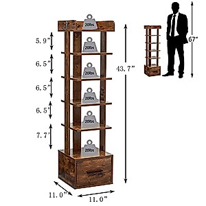 usikey 6 Tiers Vertical Shoe Rack, Entryway Wooden Shoe Rack with Bottom Drawer & Extra Top Storage, Tall Shoe Rack Organizer with 2 Hooks, Space Saving Shoe Tower for Small Space, Rustic Brown