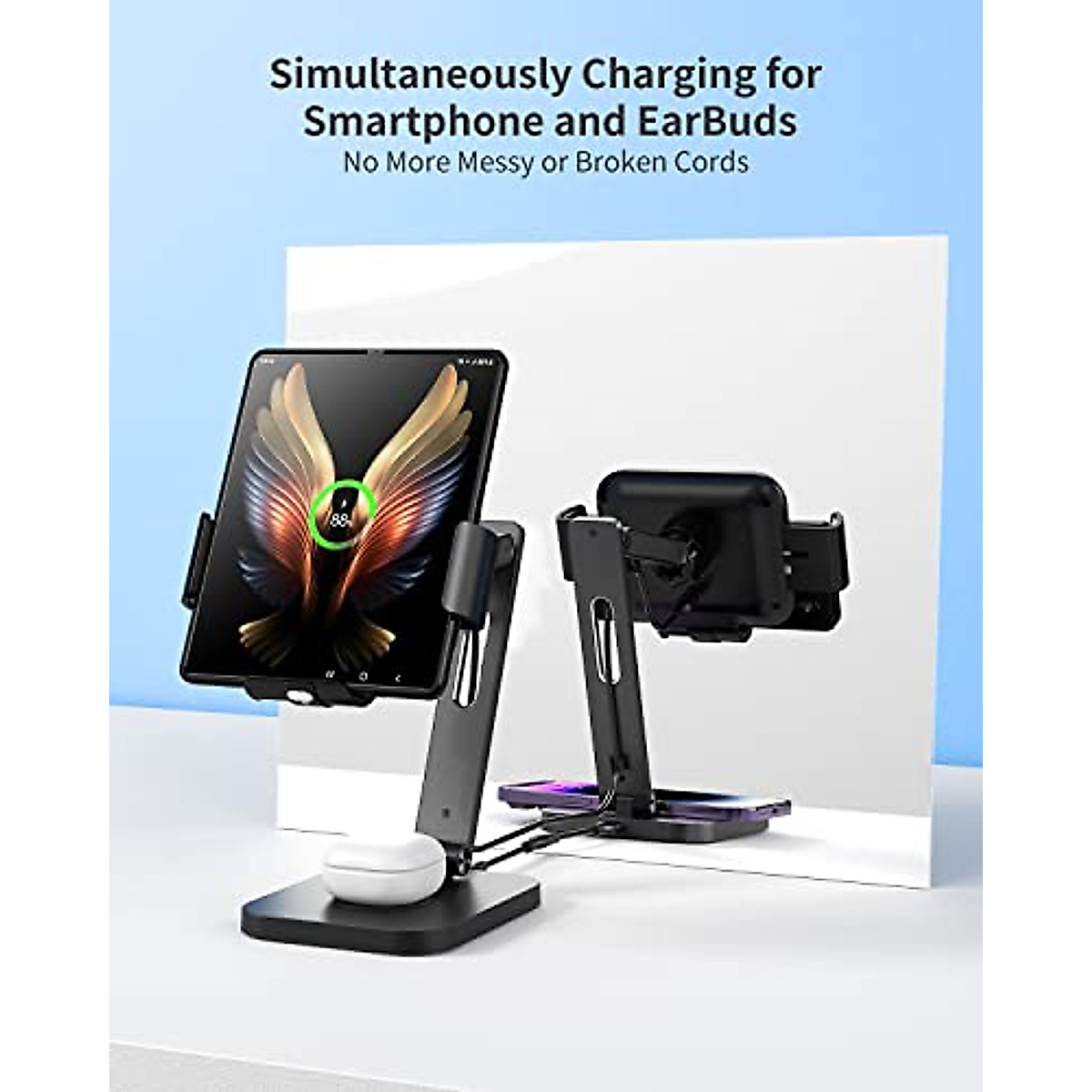 MAKAQI 2 in 1 Charging Station for Z Fold 4/3/2, Aluminium Alloy 3 Coils Fast Wireless Charger Stand for Samsung Galaxy Buds 2 Pro/Buds Pro/Buds 2 / Buds Live (with 20W Adapter)