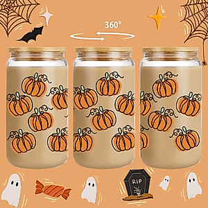LEADO Fall Pumpkin Cup, Halloween Iced Coffee Cup, 16 oz Aesthetic Cute Glass Cups with Lids and Straws, Thanksgiving Tumbler Mug - Fall Gifts, Halloween Boo Basket Gifts for Women, Her, Adult