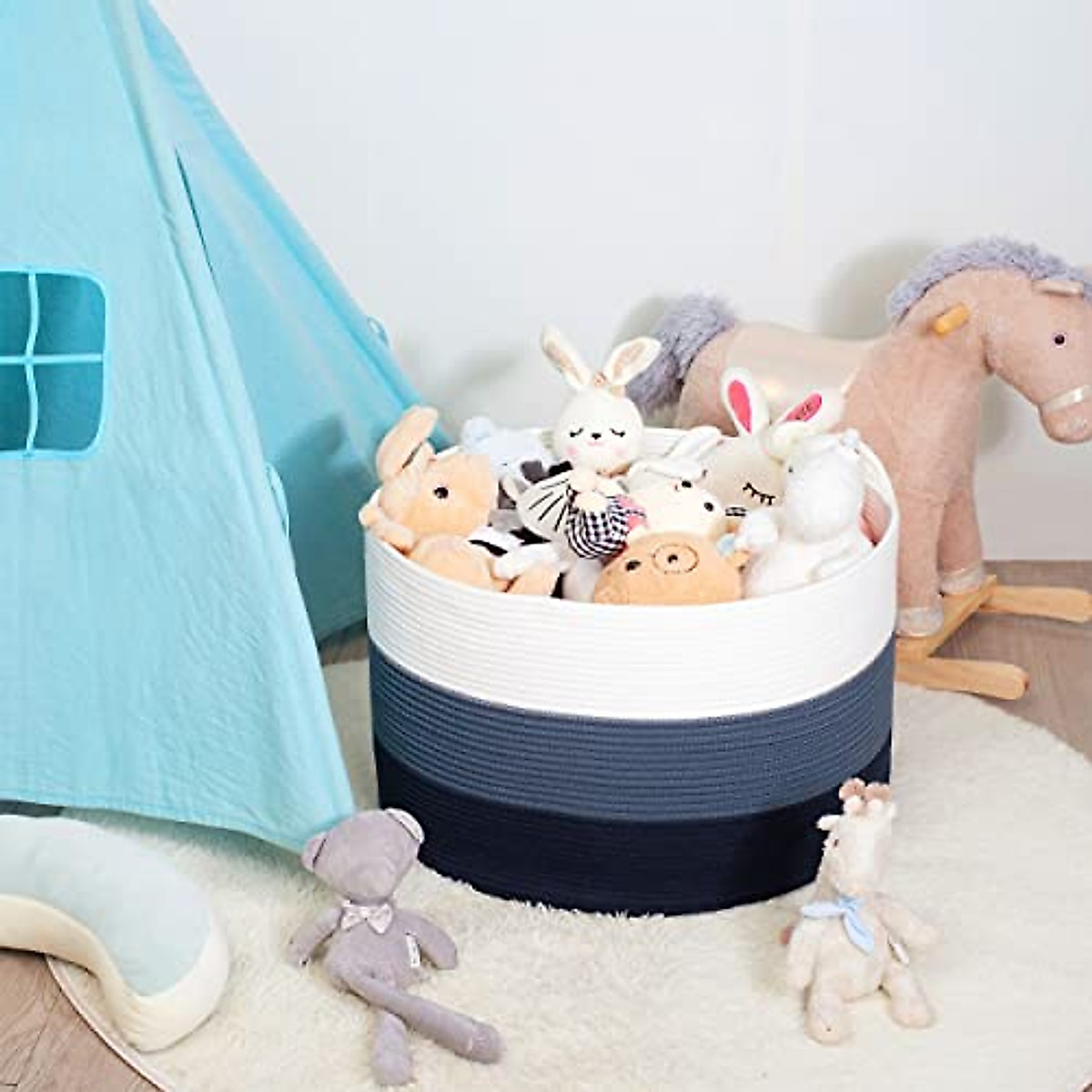 MINTWOOD Design Extra Large 22 x 14 Inches Blanket Storage Basket, Laundry Basket, Decorative Woven Cotton Rope Baskets for Blanket Storage Living Room, Toy Storage Basket Bin, 3-Tone Blue