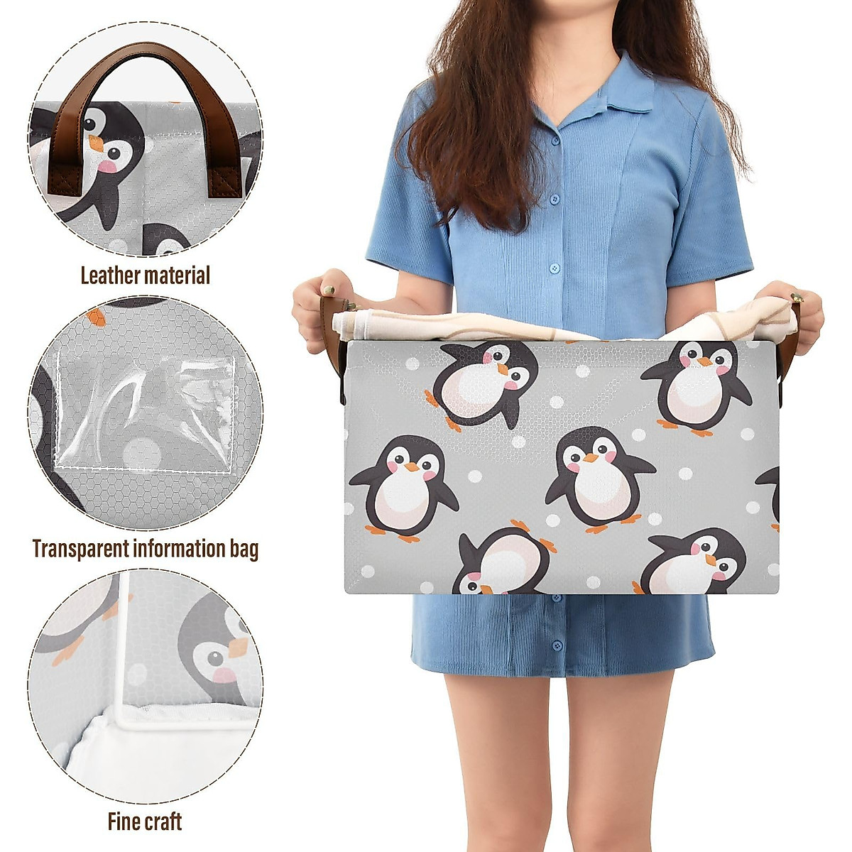 SPRIPORT Cute Penguins Light Grey Foldable Storage Cube for Shelves Fabric Storage Bin with Metal Frame & Double Handles Large Storage Box for Organizing Toys Books Clothes Blankets