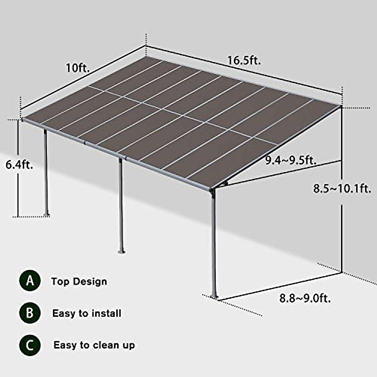 BPS 16.5' x 10' Wall Mount Gazebo Outdoor Pergola Polycarbonate Gazebo with Water-Resistant and UV-Fighting Panels Canopy