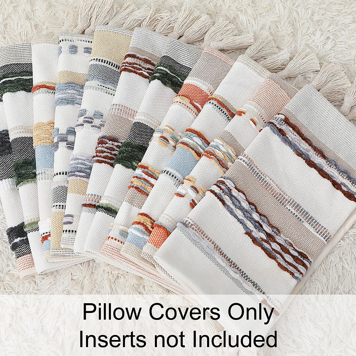 decorUhome Boho Decorative Throw Pillow Covers 18x18 Set of 2, Striped Chenille Tufted Pillow Covers with Tassels for Couch Bed Sofa, Cream White and Light Blue