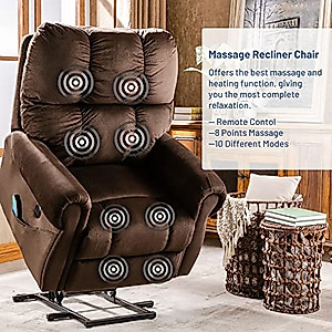 FONTOI Electric Power Lift Recliner Chair with Heated Vibration and Massage, Home Theater Single Sofa Seating w/USB Port and Side Pockets for Living Room, Chocolate