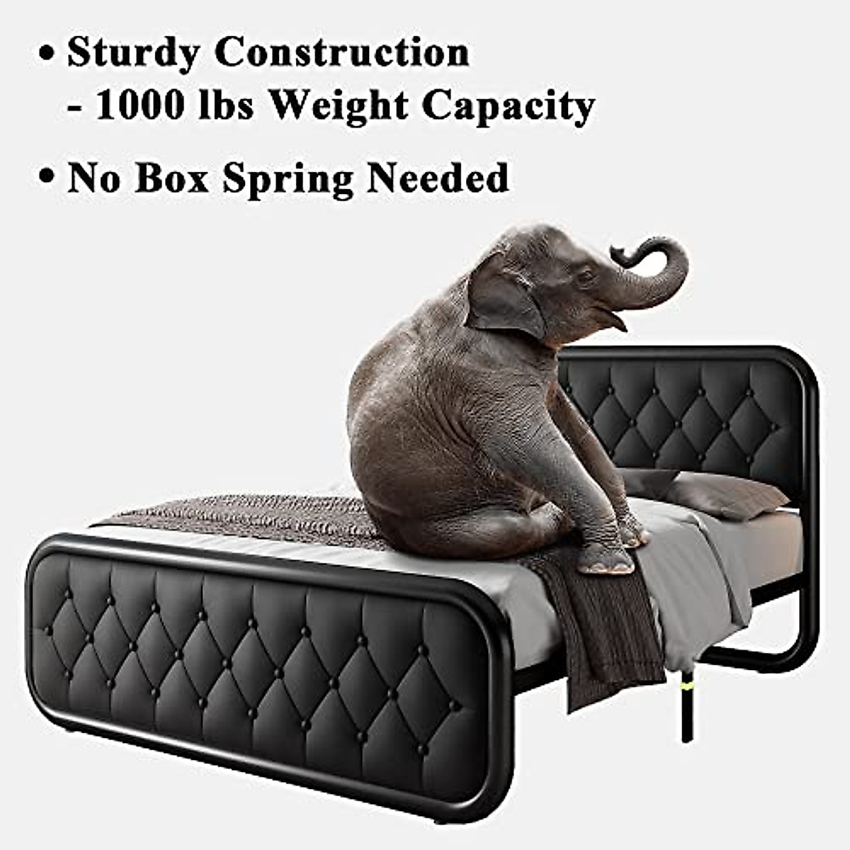 Feonase Full Size Curved Metal Platform Bed Frame with Faux Leather Headboard, Heavy Duty Bed Frame with Rhombus Button Tufted Footboard, 1000 lbs Weight Capacity, Noise-Free, Easy Assembly, Black