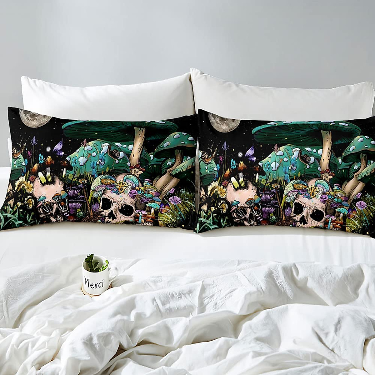 LUVIVIHOME 3PCS Teal Mushroom Bedding, Sugar Skull Duvet Cover King Bedding, Black Galaxy Moon Skeleton Wildflower Botanical Plant Fungus Aesthetic Green Mushroom Comforter Quilt Cover, 2 Pillow Shams