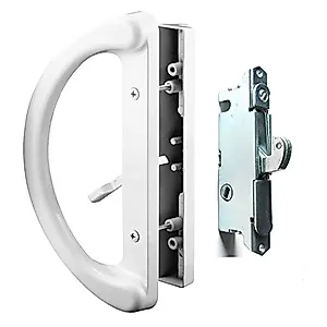 Patio Door Handle Set + Mortise Lock 45° Perfect Replacement for Sliding Glass Door Fits 3-15/16” Screw Hole Spacing, Non-keyed with Latch Locks,White Diecast,Reversible Design(Non-Handed)